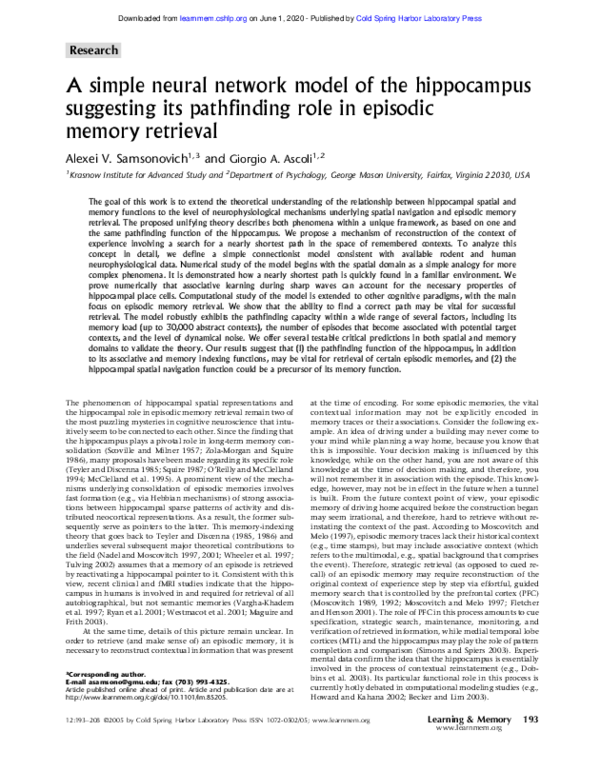 (PDF) A simple neural network model of the hippocampus suggesting its pathfinding role in ...
