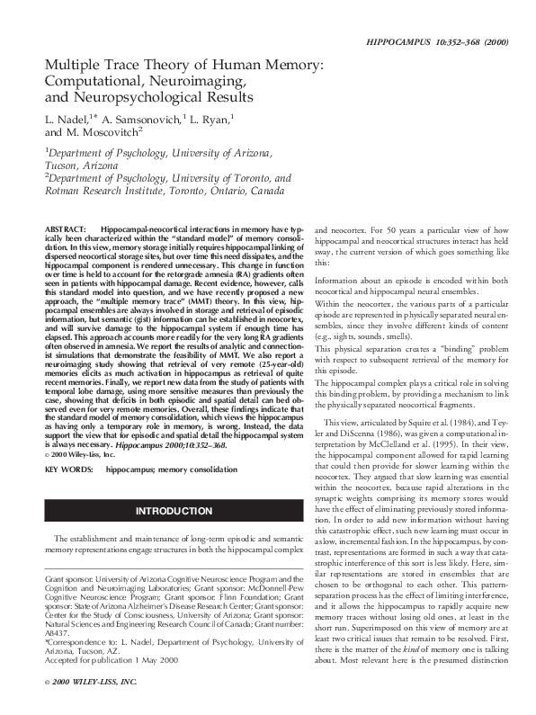 Pdf Multiple Trace Theory Of Human Memory Computational Neuroimaging And Neuropsychological