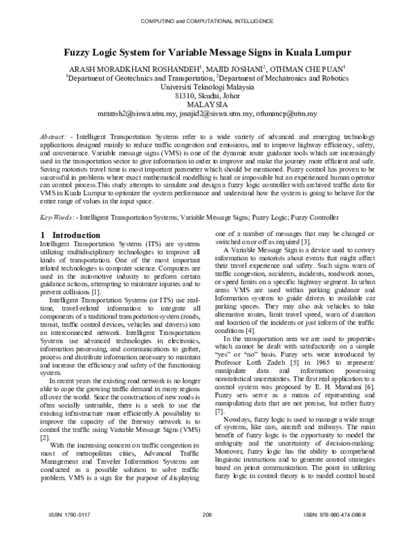 (PDF) Fuzzy Logic System for Variable Message Signs In Kuala Lumpur | Othman Puan - Academia.edu