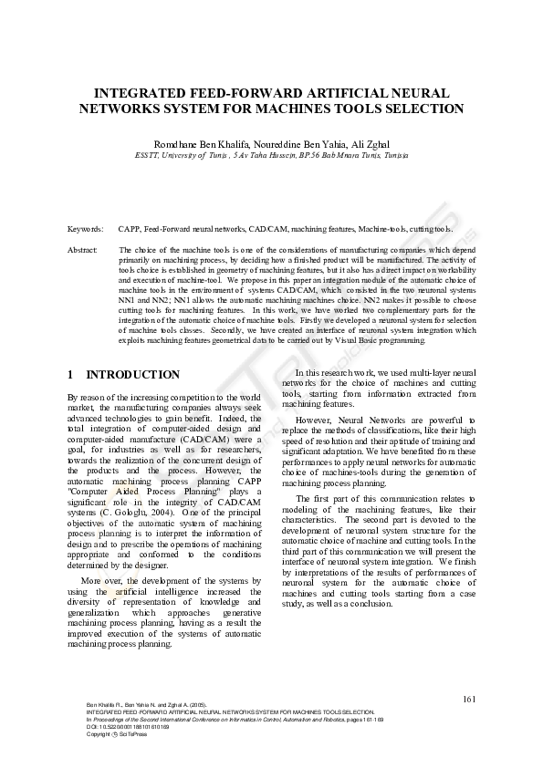 (PDF) Integrated Feed-Forward Artificial Neural Networks System for Machines Tools Selection