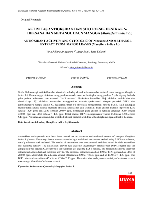 Pdf Antioxidant Activity And Cytotoxic Of N Hexane And Methanol