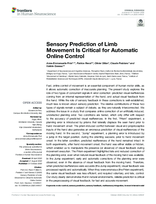 (PDF) Sensory Prediction of Limb Movement Is Critical for Automatic Online Control