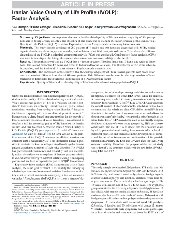 (PDF) Iranian Voice Quality of Life Profile (IVQLP): Factor Analysis
