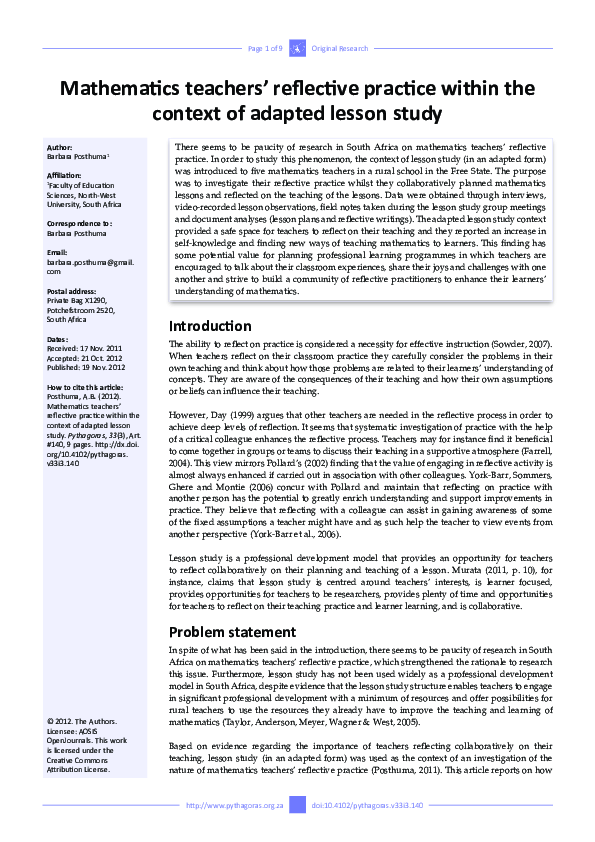 (PDF) Mathematics teachers’ reflective practice within the context of ...