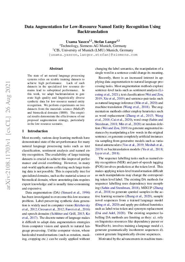 Pdf Data Augmentation For Low Resource Named Entity Recognition Using