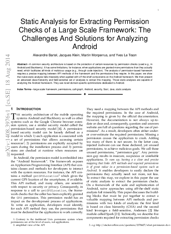 (PDF) Static Analysis for Extracting Permission Checks of a Large Scale Framework: The ...