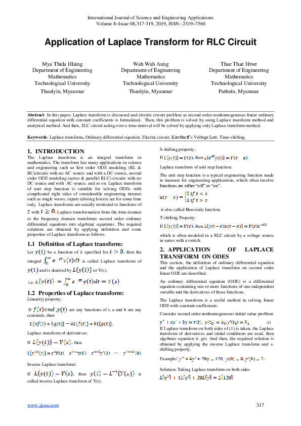 Pdf Application Of Laplace Transform For Rlc Circuit
