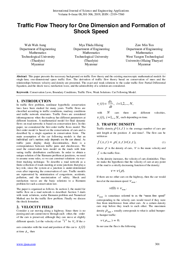 (PDF) Traffic Flow Theory for One Dimension and Formation of Shock Speed