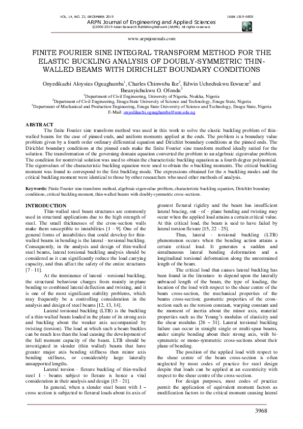 Pdf Finite Fourier Sine Integral Transform Method For The Elastic Buckling Analysis Of Doubly