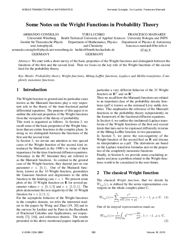 (PDF) Some Notes on the Wright Functions in Probability Theory