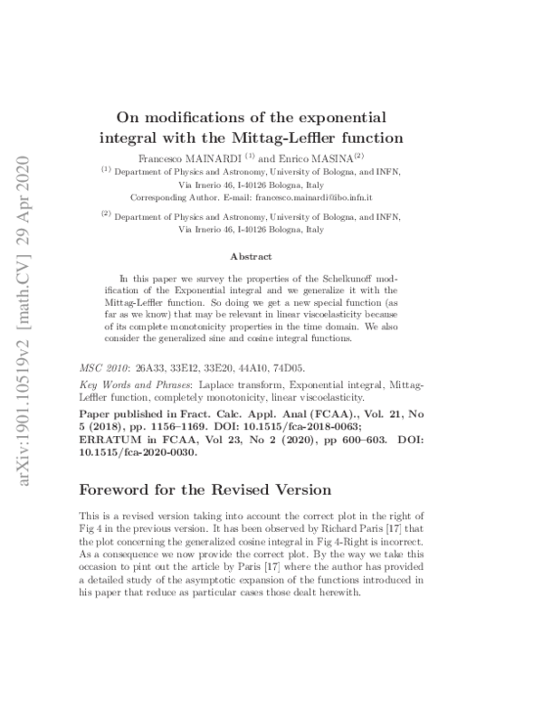 Pdf On Modifications Of The Exponential Integral With The Mittag Leffler Function
