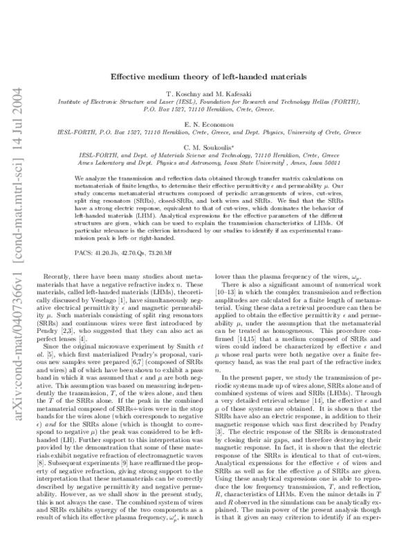 (PDF) Effective Medium Theory of Left-Handed Materials