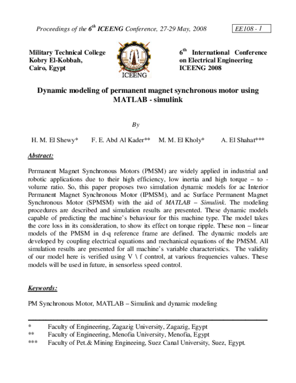(PDF) Dynamic modeling of permanent magnet synchronous motor using MATLAB - simulink