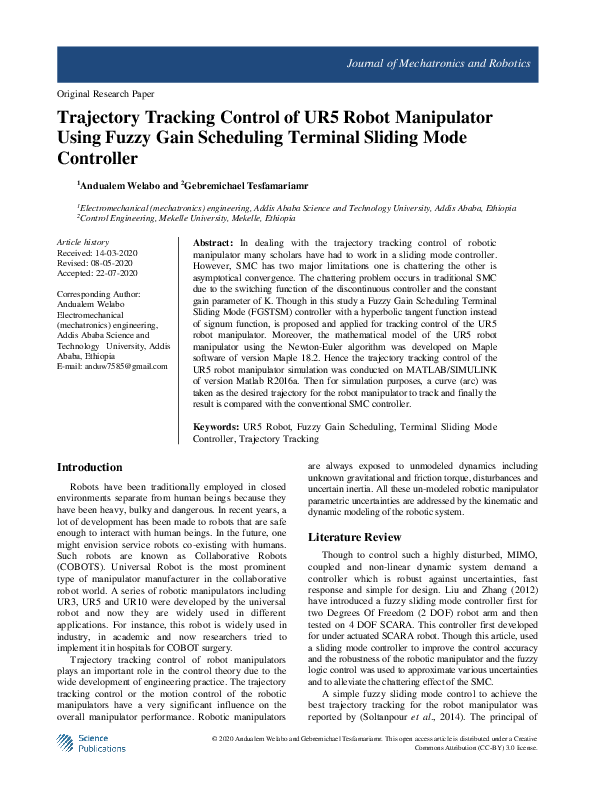 Pdf Trajectory Tracking Control Of Ur5 Robot Manipulator Using Fuzzy Gain Scheduling Terminal