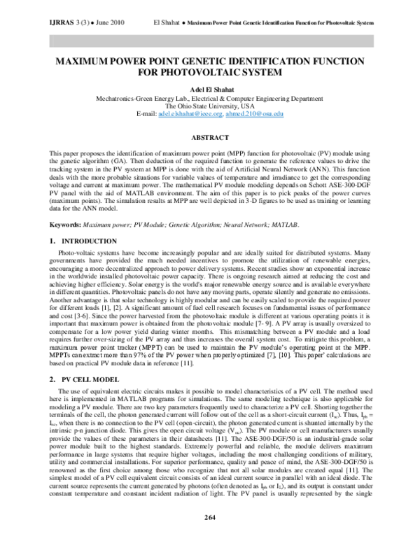 (PDF) Maximum Power Point Genetic Identification Function for Photovoltaic System