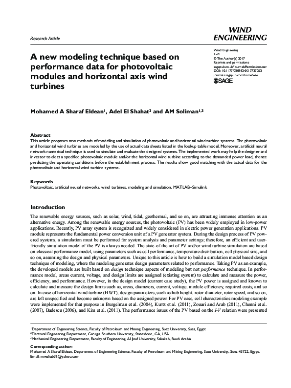(PDF) A new modeling technique based on performance data for photovoltaic modules and horizontal ...