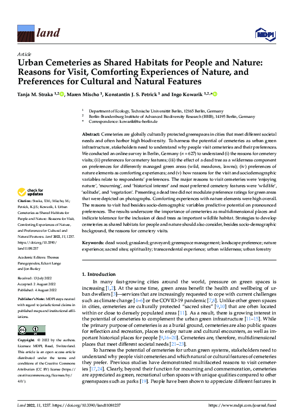 (PDF) Urban Cemeteries as Shared Habitats for People and Nature: Reasons for Visit, Comforting ...