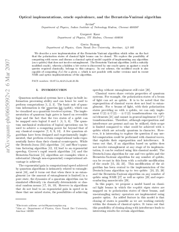 (PDF) Optical implementations, oracle equivalence, and the Bernstein-Vazirani algorithm