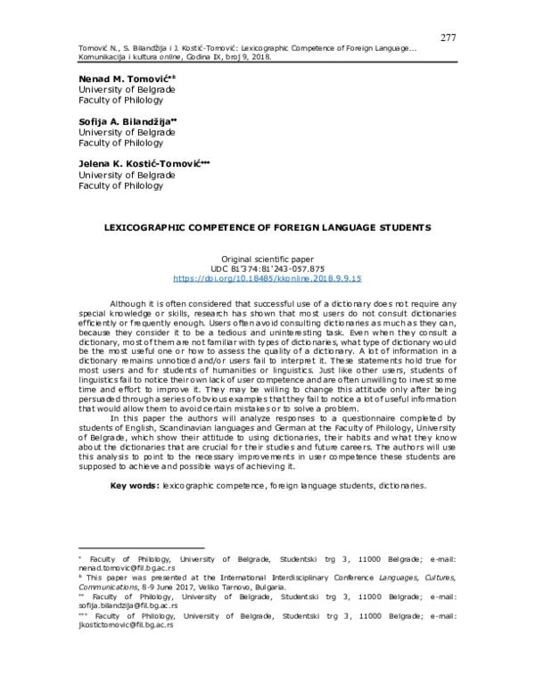 (PDF) Lexicographic Competence of Foreign Language Students