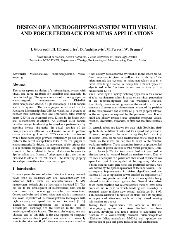(PDF) Design of a microgripping system with visual and force feedback for MEMS applications