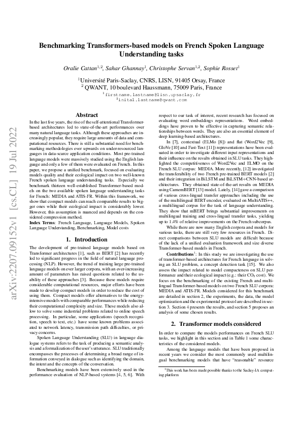 (PDF) Benchmarking Transformers-based models on French Spoken Language Understanding tasks