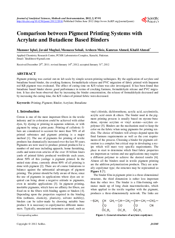(PDF) Comparison between Pigment Printing Systems with Acrylate and ...