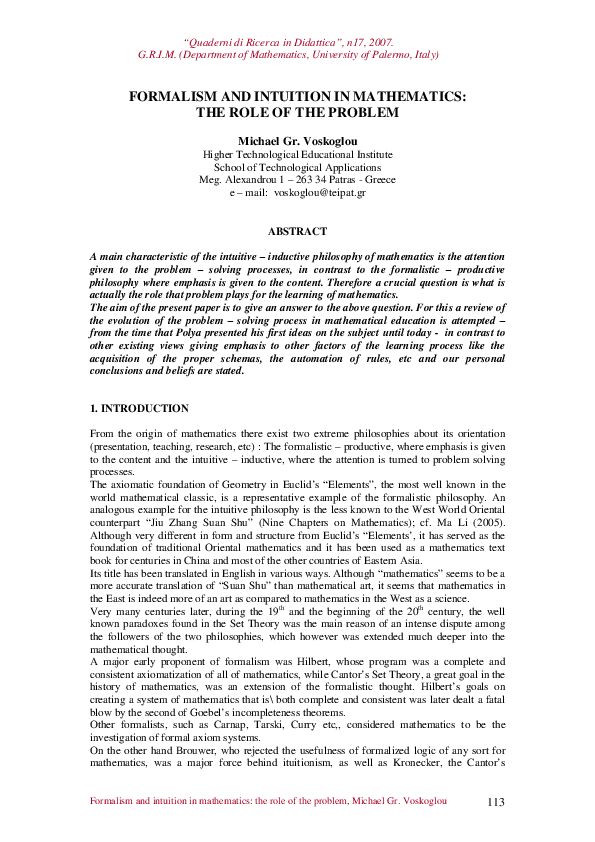 (PDF) Formalism and Intuition in Mathematics: The Role of the Problem
