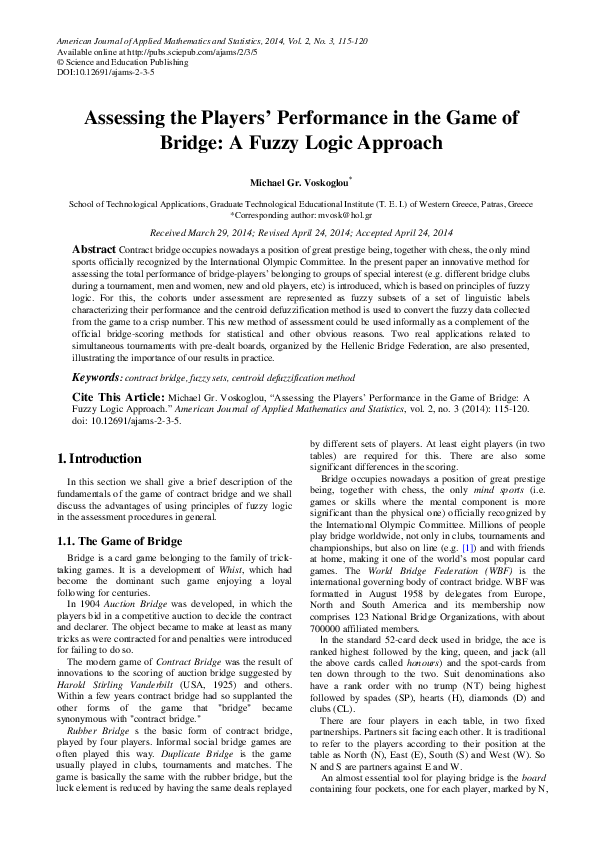 Pdf Assessing The Players Performance In The Game Of Bridge A Fuzzy Logic Approach