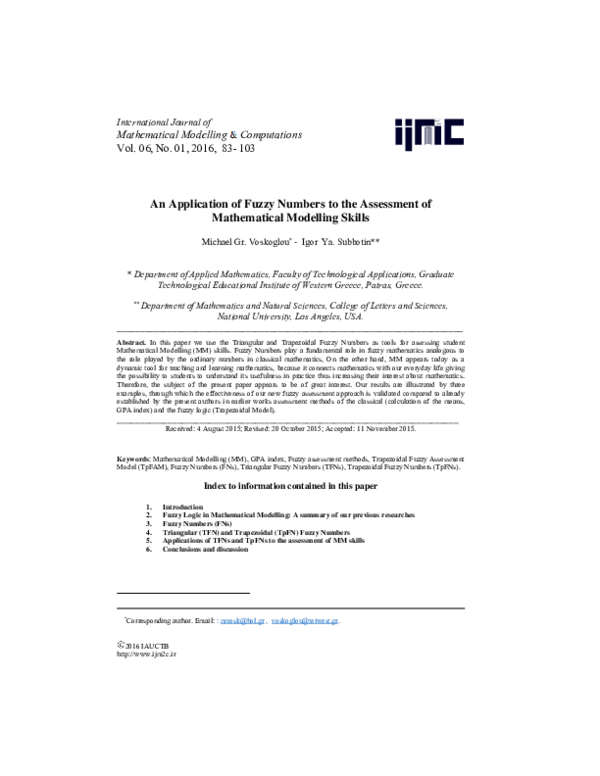 Pdf An Application Of Fuzzy Numbers To The Assessment Of Mathematical Modelling Skills