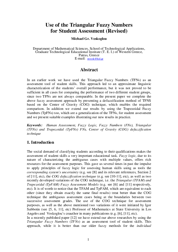 (PDF) Use of the Triangular Fuzzy Numbers for Student Assessment