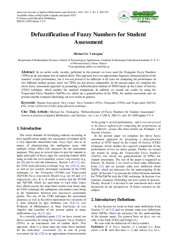 (PDF) Defuzzification of Fuzzy Numbers for Student Assessment