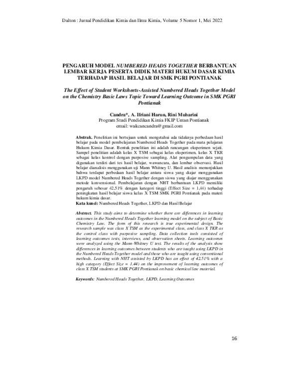 (PDF) Pengaruh Model Numbered Heads Together Berbantuan Lembar Kerja ...