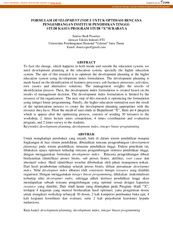 (PDF) Formulasi Development Index Untuk Optimasi Rencana Pengembangan Institusi Pendidikan ...
