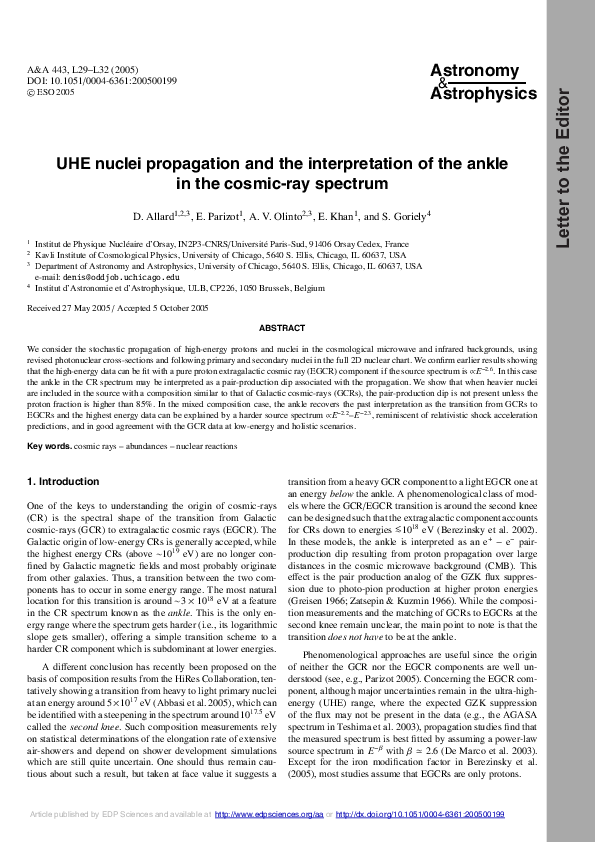 (PDF) UHE nuclei propagation and the interpretation of the ankle in the ...