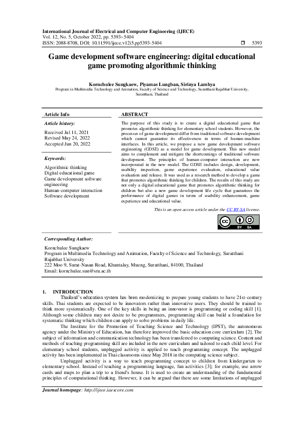 Pdf Game Development Software Engineering Digital Educational Game Promoting Algorithmic Thinking
