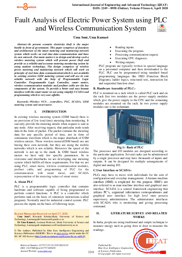 (PDF) Fault Analysis of Electric Power System using PLC and Wireless Communication System