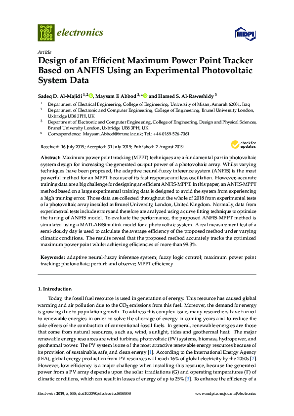 Pdf Design Of An Efficient Maximum Power Point Tracker Based On Anfis