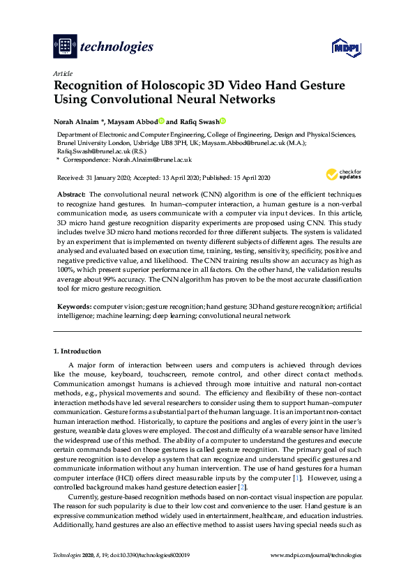Pdf Recognition Of Holoscopic 3d Video Hand Gesture Using Convolutional Neural Networks 7499