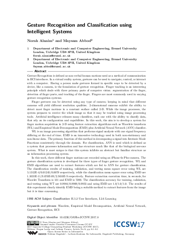 (PDF) Gesture Recognition and Classification using Intelligent Systems