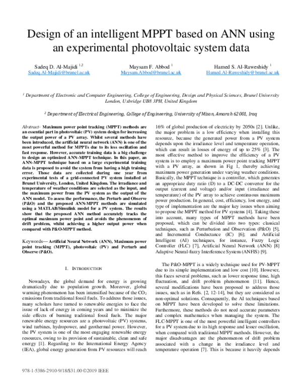 Pdf Design Of An Intelligent Mppt Based On Ann Using A Real