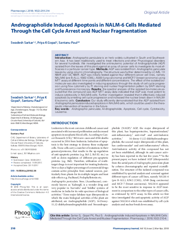 (PDF) Andrographolide Induced Apoptosis in NALM-6 Cells Mediated ...