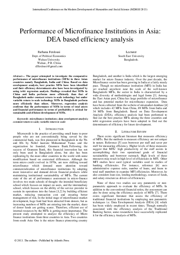 (PDF) Performance of Microfinance Institutions in Asia: DEA based Efficiency Analysis
