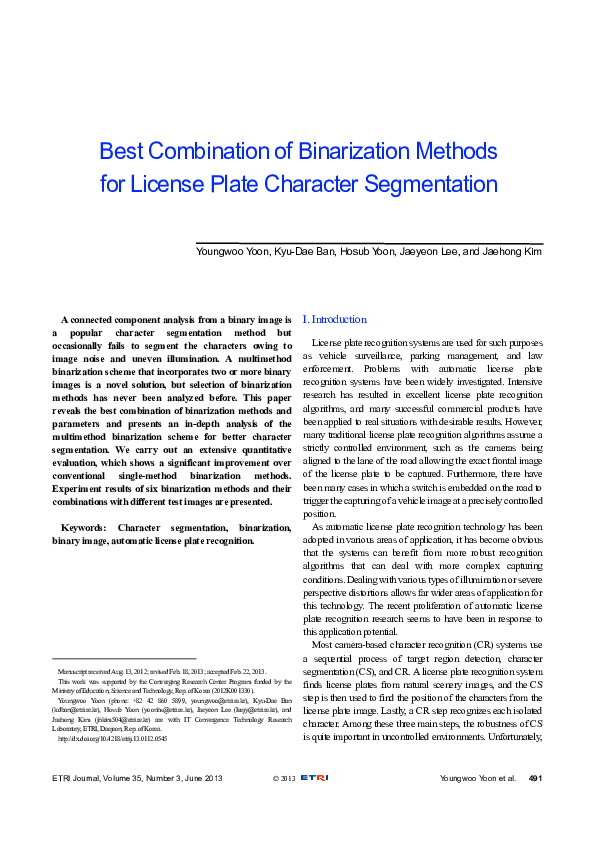 Pdf Best Combination Of Binarization Methods For License Plate Character Segmentation 9667