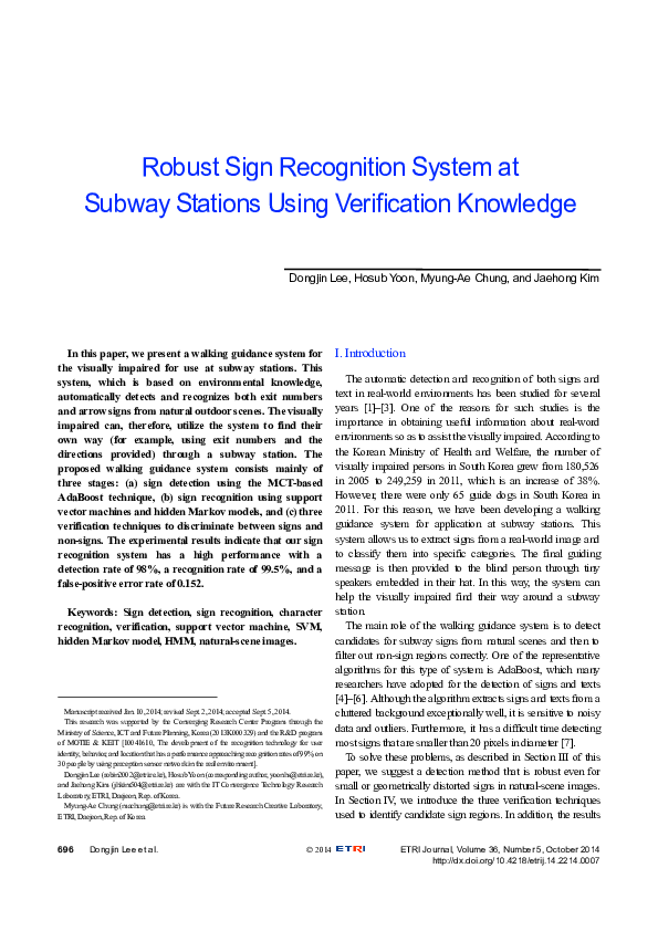 (PDF) Robust Sign Recognition System at Subway Stations Using Verification Knowledge | hosub ...