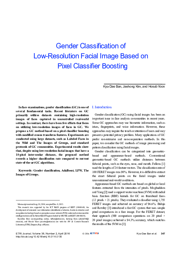 (PDF) Gender Classification of Low-Resolution Facial Image Based on Pixel Classifier Boosting