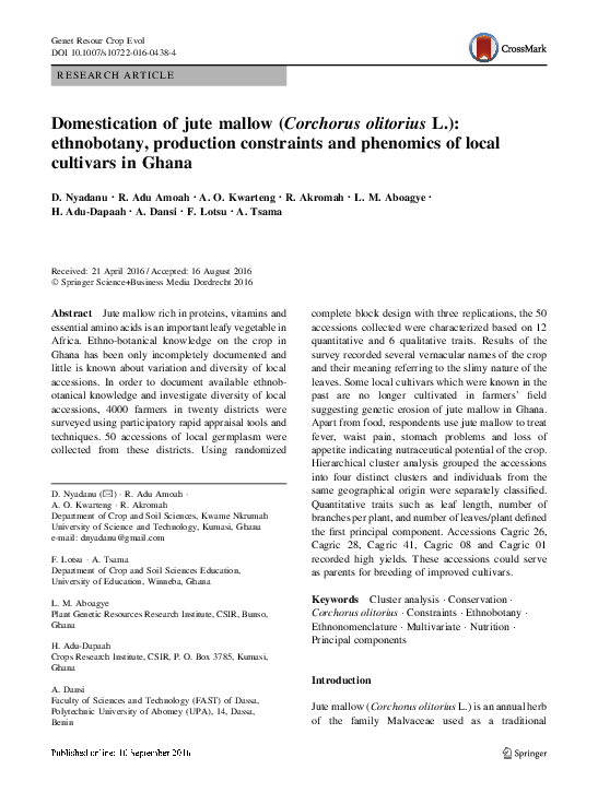 (PDF) Domestication of jute mallow (Corchorus olitorius L.): ethnobotany, production constraints ...