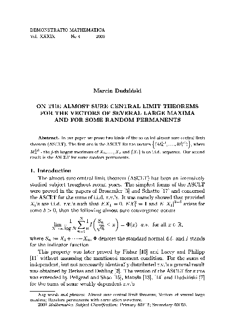 Pdf On The Almost Sure Central Limit Theorems For The Vectors Of