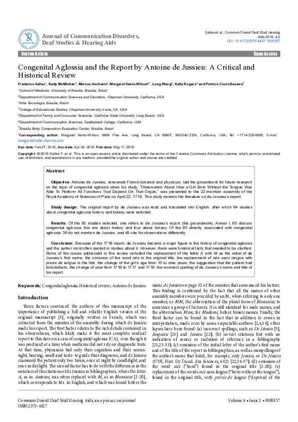 (PDF) Congenital Aglossia and the Report by Antoine de Jussieu: A ...