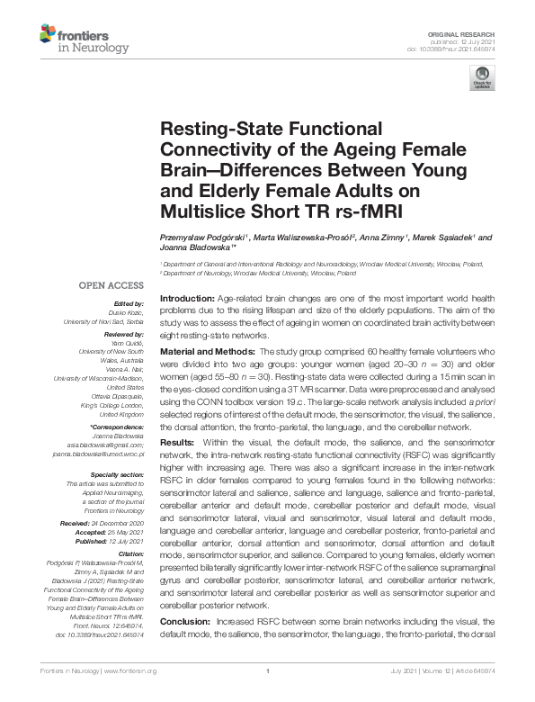(PDF) Resting-State Functional Connectivity of the Ageing Female Brain—Differences Between Young ...