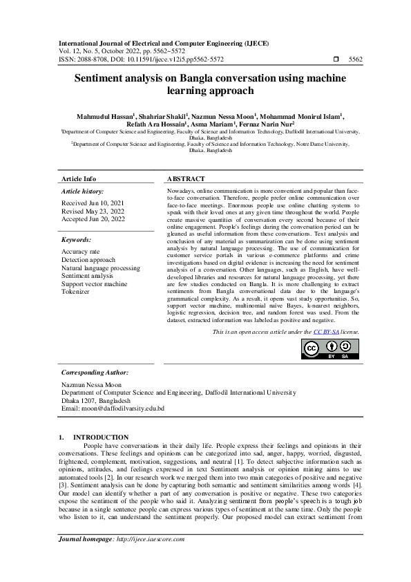 Pdf Sentiment Analysis On Bangla Conversation Using Machine Learning